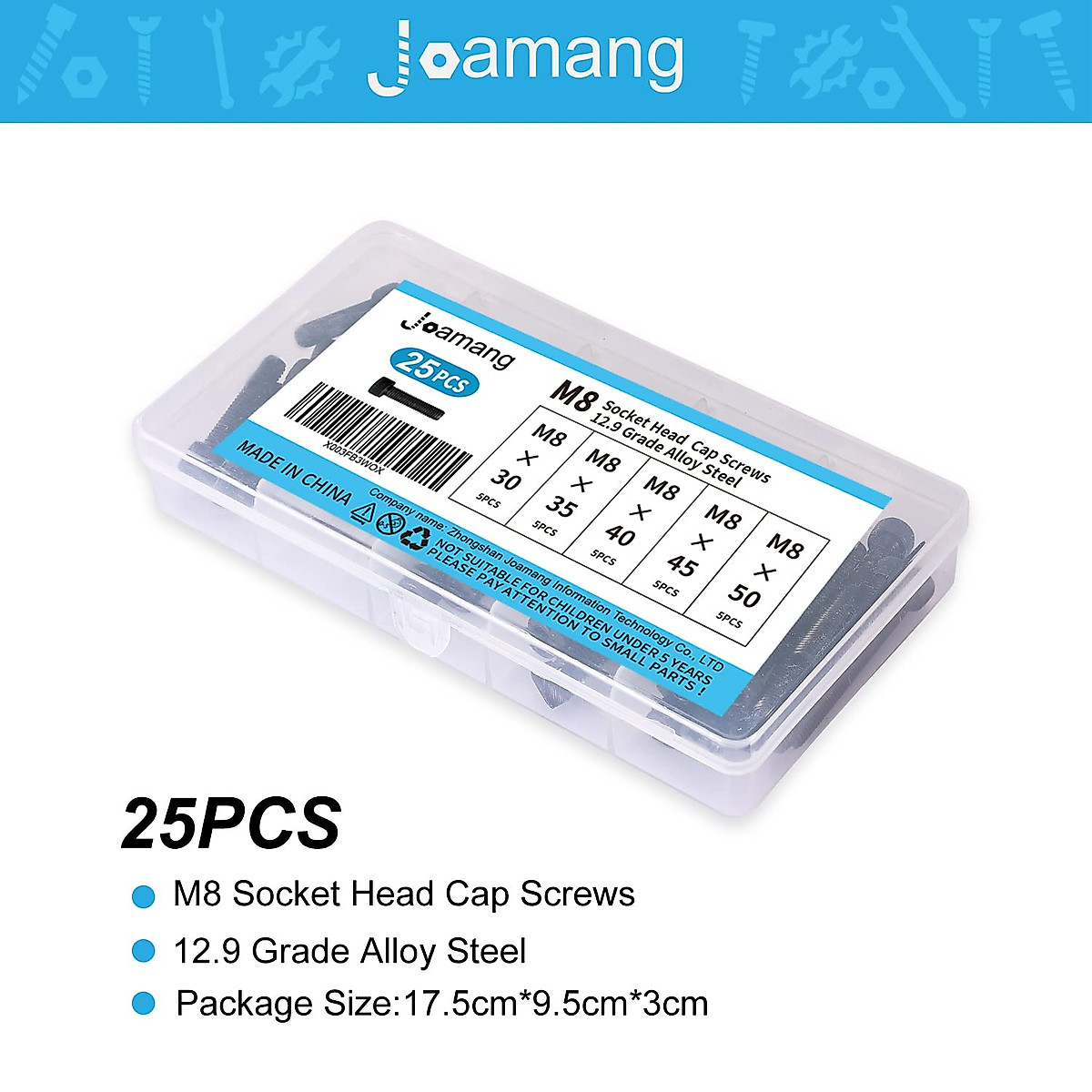 Joamang M8 x 30mm 35mm 40mm 45mm 50mm Hex Socket Head Cap Screws Bolts, 12.9 Grade Alloy Steel, Black Oxide Finish, Metric Allen Hex Drive, Fully Threaded, Assortment Kit 25Pcs