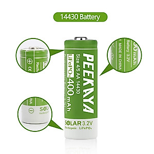PEEKAYA (4-Pack) 14430 Rechargeable Battery LifePo4 3.2V 400mAh for Ourdoor Gardan Solar Light (1.7in), Eco-Friendly and Safe