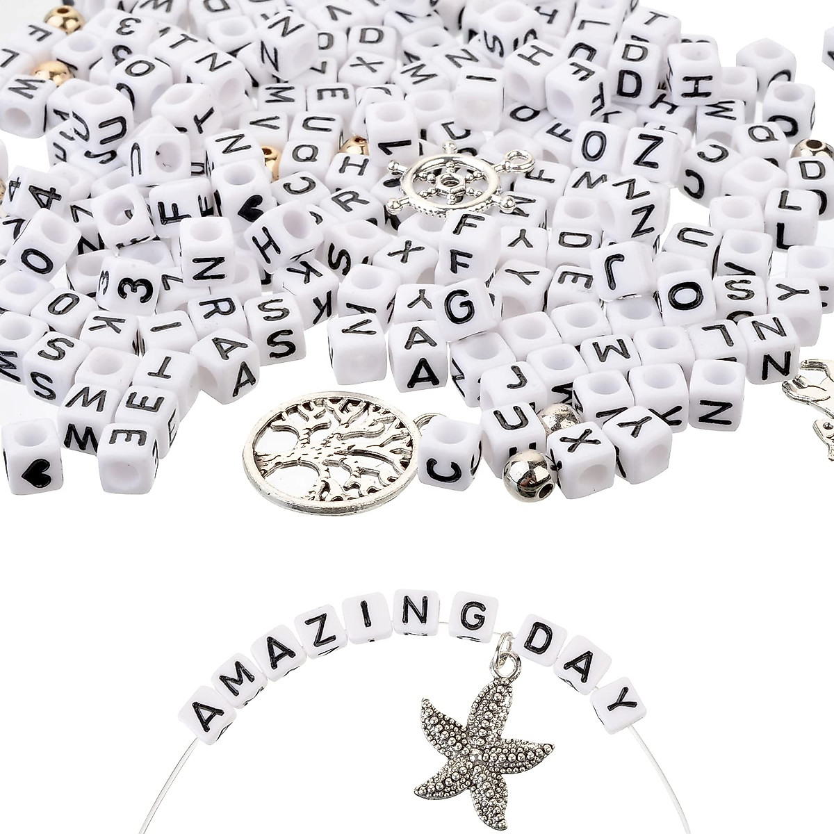 Heflashor 1900pcs Letter Beads for Bracelets 9 Color Acrylic Cube Square Alphabet Number Beads A-Z and Heart Beads with 1 Roll Elastic Crystal String Cord for Jewelry Making/Necklaces,6 X 6mm
