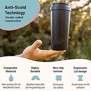 bioGo Cup, Rice Husk Fibre, BPA-Free, Double Wall Insulation Reusable Coffee Cups, On-The-Go Travel Mug, Screw Tight Lid, Textured Grip, Ultra Lightweight (Midnight Black, 16oz)