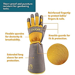 COOLJOB Rose Pruning Garden Gloves for Women Thorn Proof, Heavy Duty Gardening Yard Gloves for Cactus and Ivy, Long Sleeve Puncture Proof for Forearm Elbow Protection, 1 Pair, Orange & Gray, Medium
