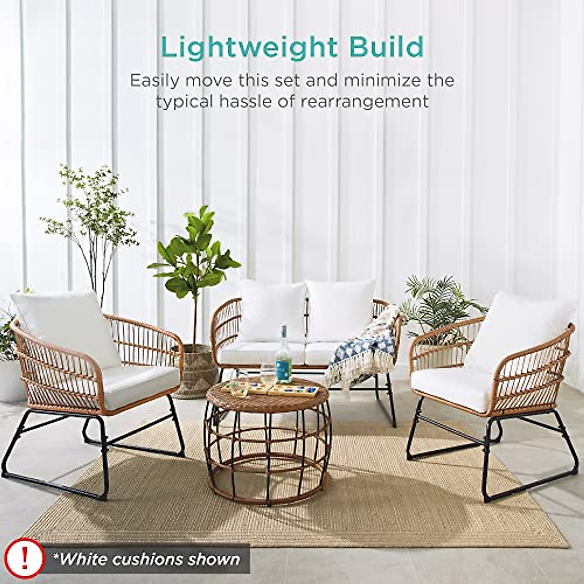 Best Choice Products 4-Piece Outdoor Rope Wicker Patio Conversation Set, Modern Contemporary Furniture for Backyard, Balcony, Porch w/Loveseat, Plush Cushions, Coffee Table, Steel Frame - Black