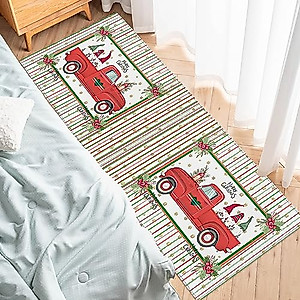 Christmas 2 Pieces Kitchen Rugs and Mats Set, Merry Christmas Red Truck with Gnome Green Stripes Kitchen Mats Cushioned Floormat Non Slip Runner Rug Set for Kitchen Laundry Entryway, 20"x24"+20"x48"