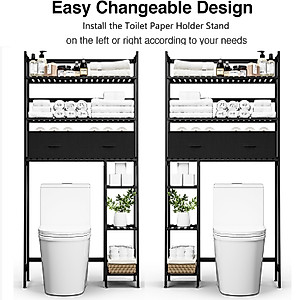 Hitogo Over The Toilet Storage Shelf - Bamboo Bathroom Organizer with Basket Drawer, Adjustable Shelf and Waterproof Feet Pad - Space Saver Storage Rack for Restroom, Laundry (Black)