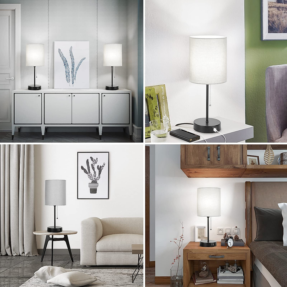 Table Lamps Set of 2 with USB Charging Ports, Grey Bedside Lamps with AC Outlet, Nightstand Lamps with Pull Chain Switch, Minimalist Modern Desk Lamps with Fabric Shade for Living Room Bedroom Office