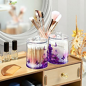 ALAZA 2 Pack Qtip Holder Dispenser Purple Butterflies Flowers Hydrangeas Iris Bathroom Organizer Canisters for Cotton Balls/Swabs/Pads/Floss,Plastic Apothecary Jars for Vanity