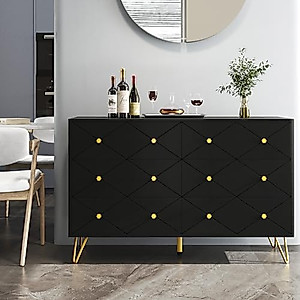 DWVO Large 6 Drawer Dresser for Bedroom, Black Wood Dresser Chest of Drawers with Fluted Panels, Modern 47" W TV Stand Double Dressers Storage Cabinet for Living Room, Hallway, Entryway