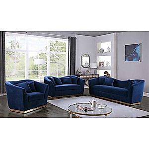 Meridian Furniture Arabella Collection Modern | Contemporary Velvet Upholstered Sofa with Rich Gold Stainless Steel Base, Navy, 90" W x 35" D x 32.5" H