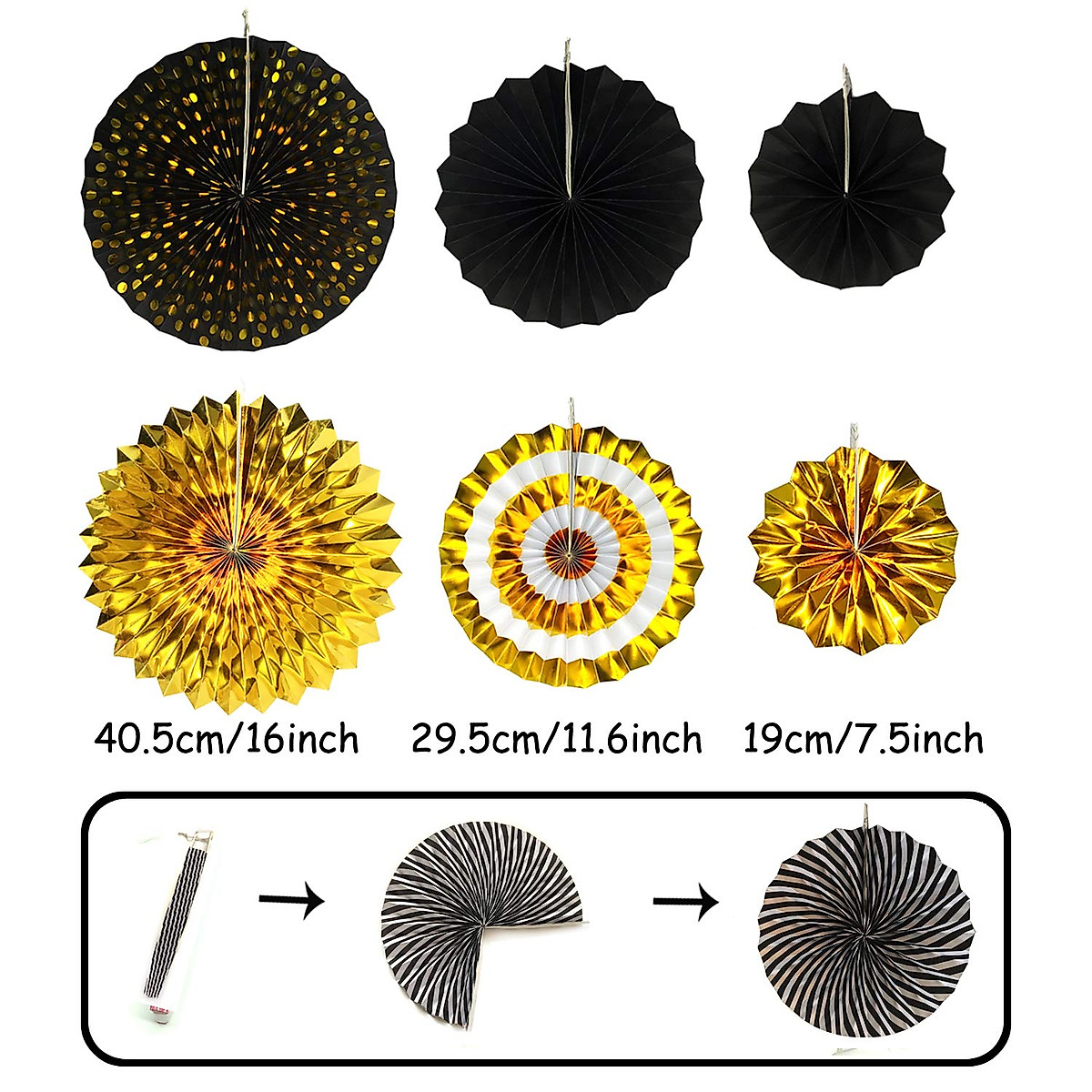 ZERODECO Black and Gold Decorations, Hanging Paper Fans Pom Poms Flowers Tassel Garlands String Triangle Bunting Flags and Balloons for Birthday Graduation Congrats Grad New Years Party Décor