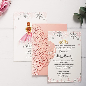 KUCHYNEE 50PCS Pink Customized Quinceanera Invitation Cards with Envelopes 5x7.3 Inch Laser Cut Hollow Rose Pocket with Ribbon invitations for Quincenera Birthday Invite
