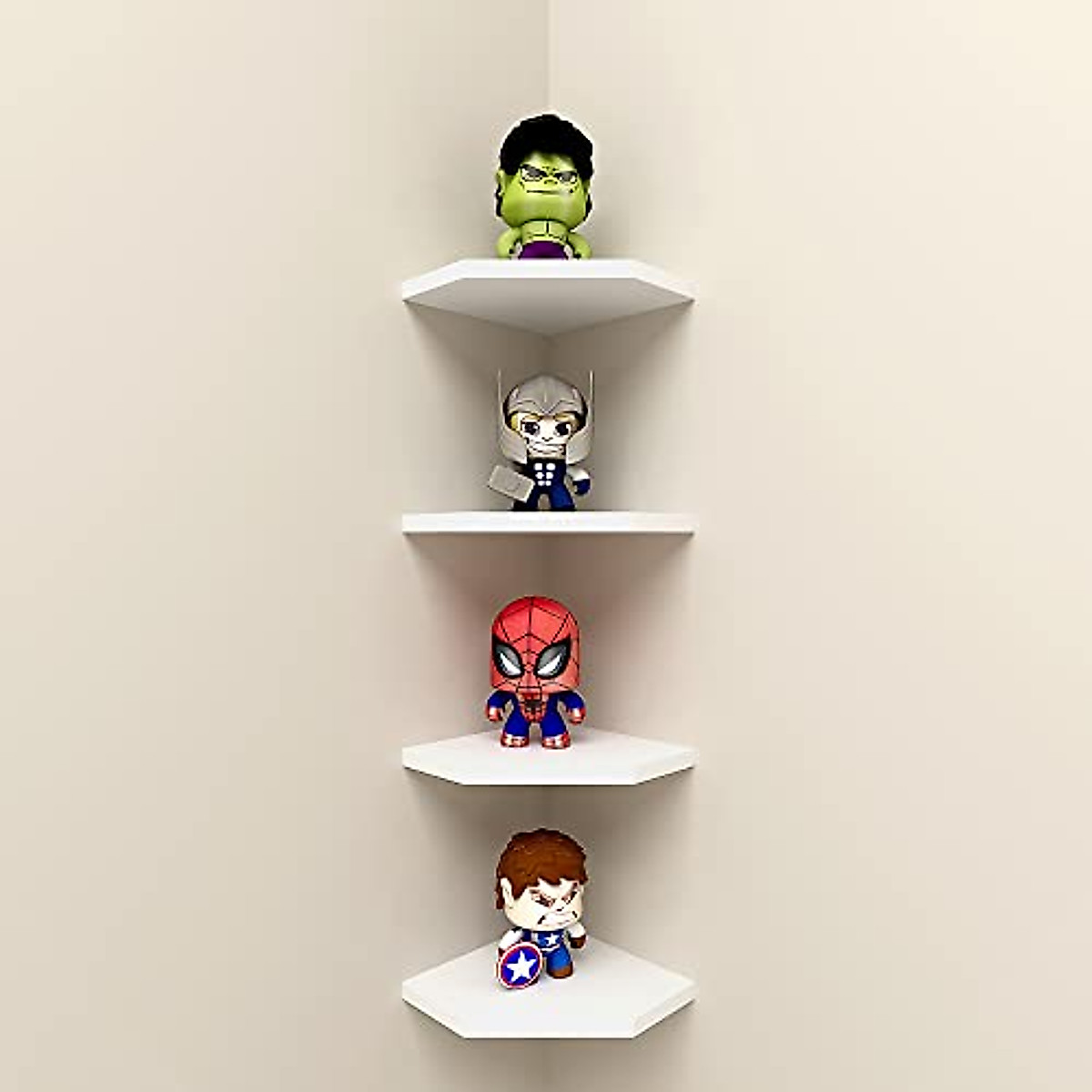 WELLAND 7-Inch Floating Corner Shelves Set of 2, Wall Mounted Storage Shelf with White Finish for Bedroom, Living Room, Bathroom, Display Shelf for Small Plant, Photo Frame, Toys and More