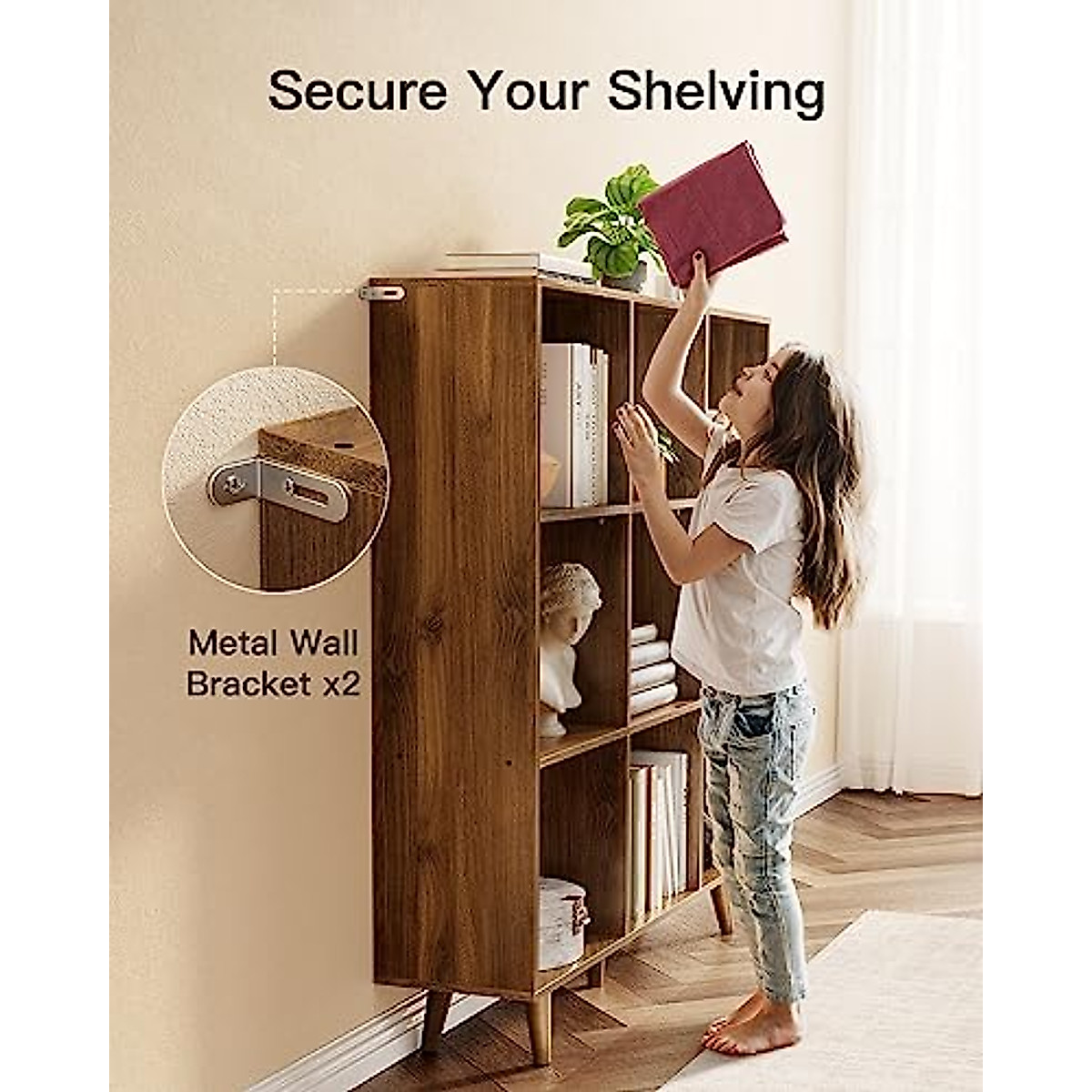 Pipishell 9-Cube Bookshelf, Bookcase with 3 Height-Adjustable Shelves and Solid Legs, Cube Storage Shelf, Modern Freestanding Open Bookshelf for Living Room, Bedroom, Walnut, PIBS04WN