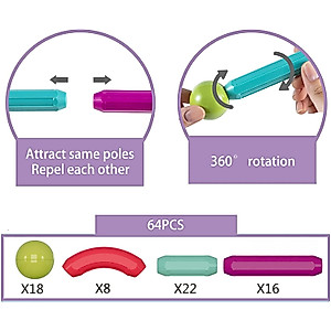 fengyang 64 PCS DIY Magnetic Balls and Rods Set Building Sticks Blocks Vibrant Colors Different Sizes Curved Shapes Children Educational Stacking STEM Magnet Toys for Kids Age 3+…