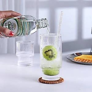 ALINK Ribbed Glassware Drinking Glasses with Straws Set of 8, Vintage Fluted Glassware Iced Coffee Cups, Ridged Glass Tumbler for Coocktail, Whiskey, Beer, Water- 2 Brush