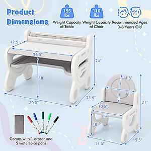 HONEY JOY Kids Table and Chair Set, Plastic Children Activity Table and Chair w/Graffiti Desktop, Storage, Markers & Eraser, Toddler Table and Chair Set for Daycare Playroom Classroom (Gray)