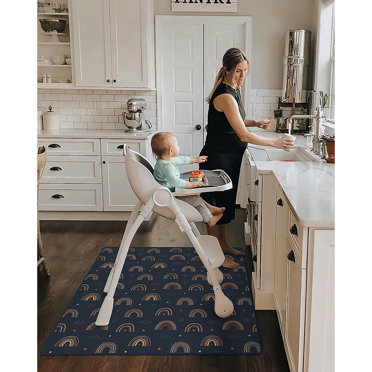 Blissful Diary Baby Splat Mat for Under High Chair, 51 x 51 Inch Splash Mat, Waterproof and Washable Spill Mat, Anti-Slip Floor Protector, Retro Rainbow