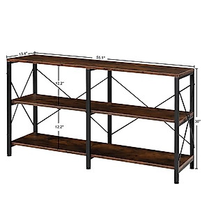 BETTAHOME 3-Tier Low Book Shelf, 55 Inch Wide Open Book Shelf, Industrial Wooden Bookcase for Home Office, Bedroom, Living Room, Rustic Brown and Black