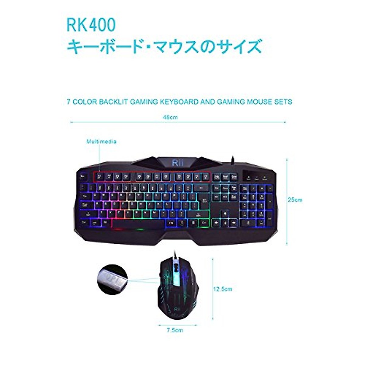 Rii Gaming Keyboard and Mouse Combo,LED Rainbow Backlit USB Wired Computer Keyboard 104 Key,Spill-Resistant Design,Ergonomic Wrist Rest Keyboard Mouse Set for Windows PC Gamer. Black