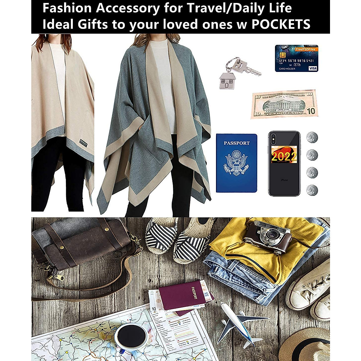 ecoinway Shawl Travel Wrap Poncho Cardigan Gift Tone Scarf Pocket Cape 4 All Seasons Gray Beige¡­