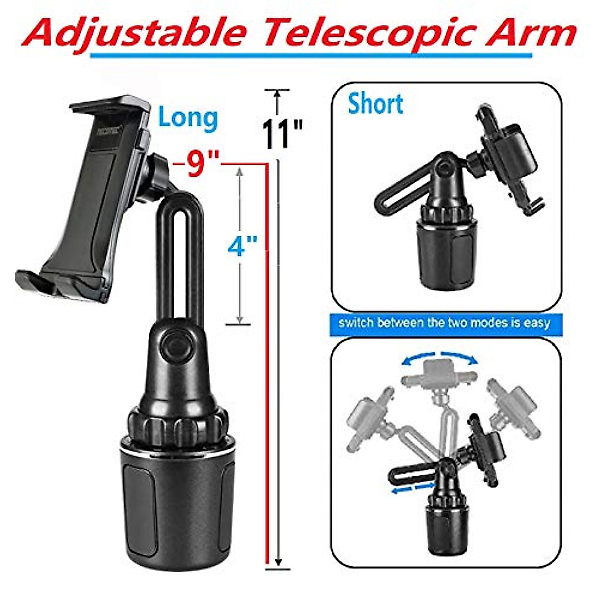 TECOTEC Cup Holder Tablet Mount, Adjustable 2 in 1 Car Phone & Tablet Cup Holder Phone Mount for All Cellphones & Tablets up to 12.9"