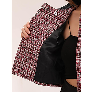 Allegra K Tweed Plaid Blazer for Women's Contrast Collar Double Breasted Vintage Cropped Jackets X-Large Red