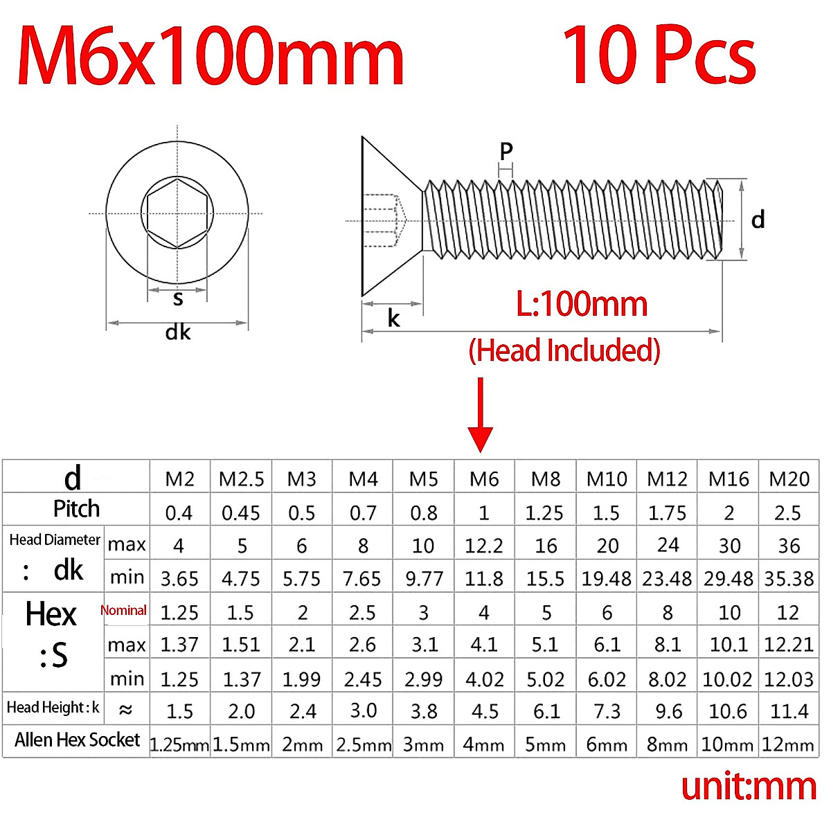 M6-1.0 x 100mm Flat Head Socket Cap Screws Bolts, Stainless Steel 18-8 (304), Bright Finish, Allen Socket Drive,Machine Screws Inner Hex Screw Fasteners Bolts 10 Pcs
