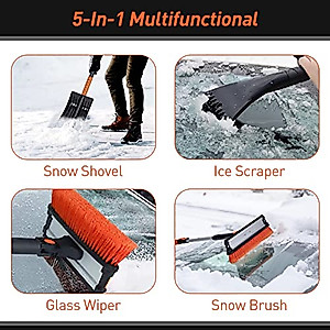 Ice Scraper and Snow Brush for Car Windshield, 29"-39" Extendable Snow Shovel with Ergonomic Foam Grip, 5 in 1 Windows Scraper for Car Snow Scraper and Brush for Truck & SUV