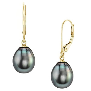 THE PEARL SOURCE Tahitian Real Pearl Earrings for Women - 14k Gold Leverback Earrings | Hypoallergenic Earrings with Genuine Drop Shape Tahitian Cultured Pearls, 11-12mm