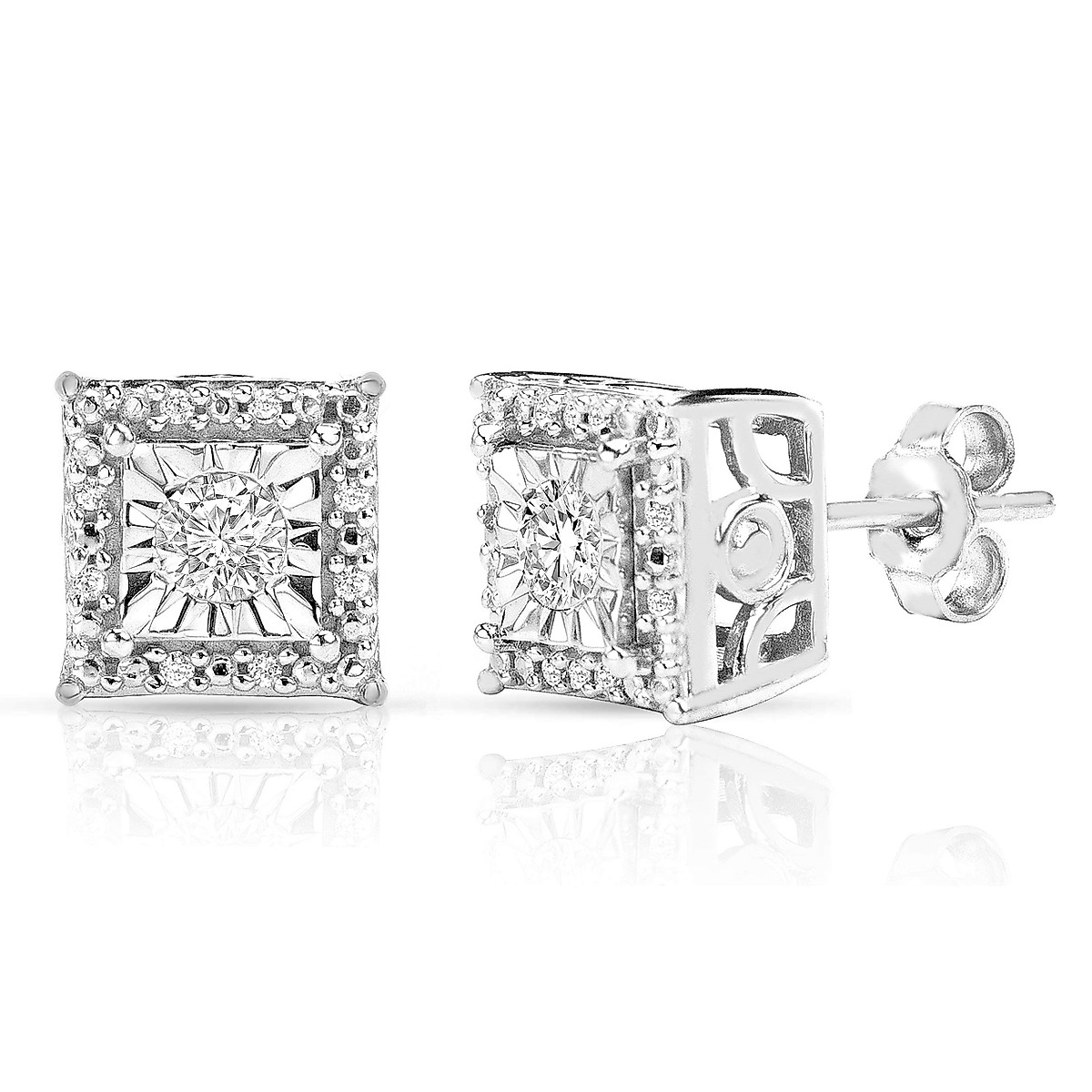 NATALIA DRAKE 1/4 Cttw Stud Diamond Earrings for Women Set in Rhodium Plated 925 Sterling Silver Square Halo Color IJ/Clarity I2-I3