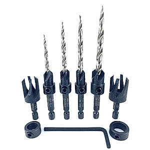 FTG USA Wood Countersink Drill Bit Set Sizes 6 8 10 12 Countersink Tapered Drill Bits, 2 Wood Plug Cutter 3/8" & 1/2" with 3 Replacement Bits #8 (11/64"), 2 Stop Collars, 1 Allen Wrench, Hex Shank