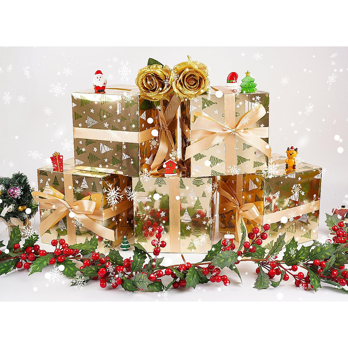 Jaywayang 5 Pack Gold Christmas Gift Boxes with Lids, Ribbons and Tissue Papers Square Gift Boxes - 7.1 Inch - Presents Wrapping Christmas Gift Holiday New Year Party Favor Boxes.