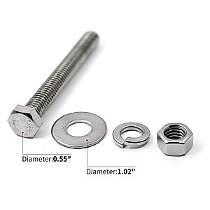 (6 Sets) 3/8-16x1-3/4" Stainless Steel Hex Head Screws Bolts, Nuts, Flat & Lock Washers Kits, 304 Stainless Steel 18-8, Fully Machine Thread, Flat Washers Diameter 1.02"