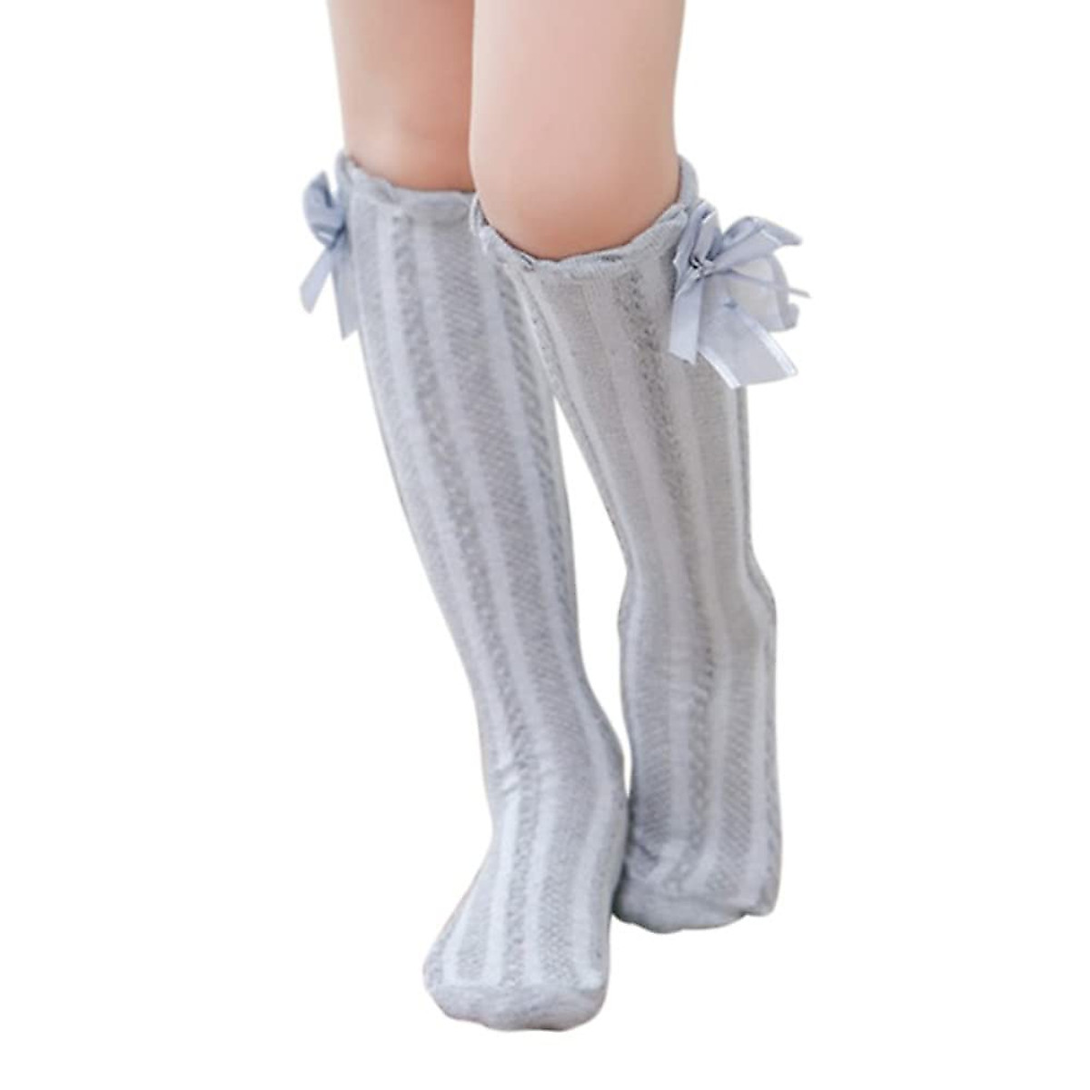 Toptim Little Girl's Knee High Socks Over Calf Kids Overknee Stockings Bow Style 3-12T(Pink/White/Grey/Black)