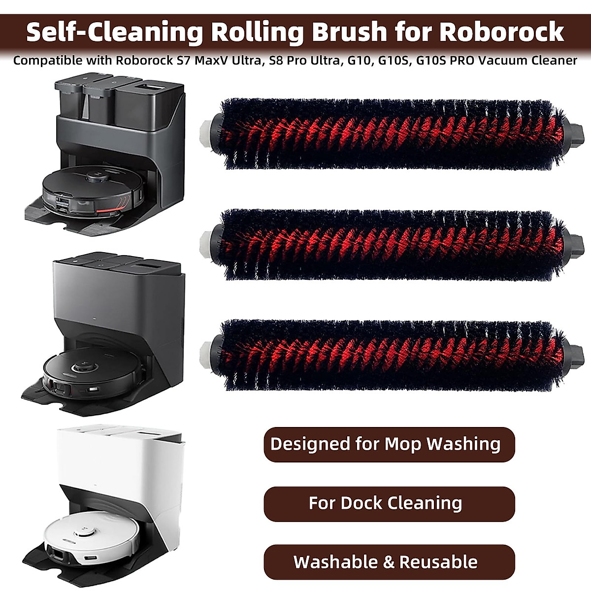 MZY LLC 3 Pack High-Speed Cleaning Brush Compatible with Roborock S7 MaxV Ultra & S8 Pro Ultra, Detachable & Washable Main brush for Roborock S7 Accessories for Mop Washing and Dock Self-Cleaning