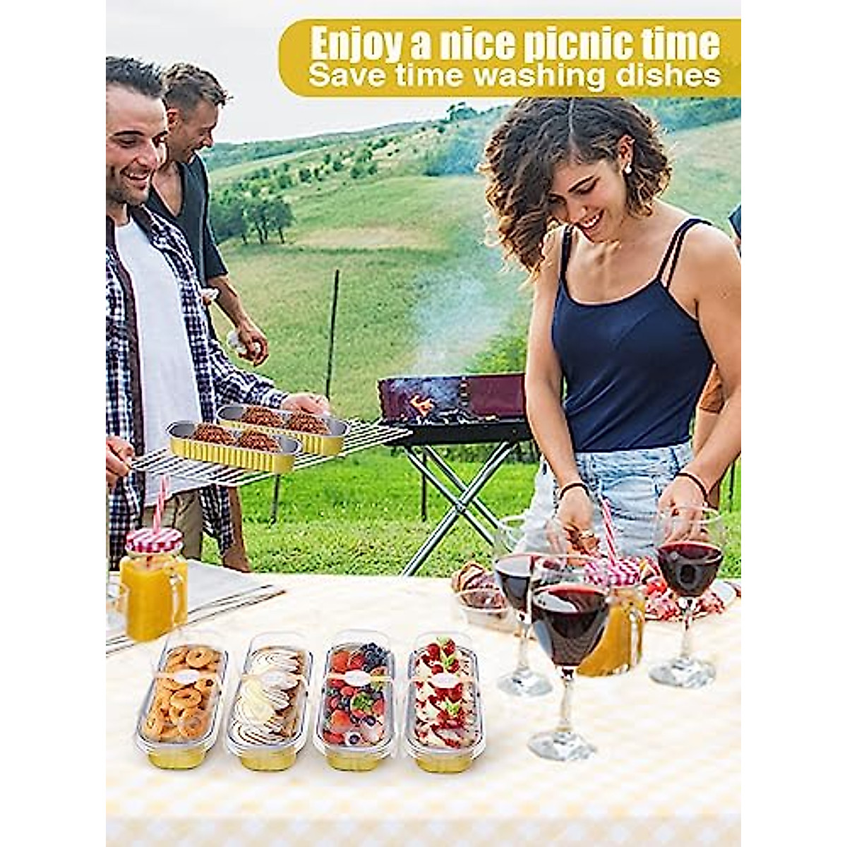 Bigmeta Mini Loaf Pans with Lids and Spoons- 50 Pack 6.8oz Aluminum Bread Cupcake Pie Foil Pans with Sealing Sticker, Rectangle Disposable Cake Tins Brownie Baking Cups for Picnics Party- Gold