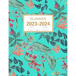 Planner July 2023-2024 June: 8.5 x 11 Large Notebook Organizer with Hourly Time Slots | Tropical Flower Leaf Design Turquoise