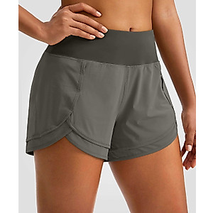 Women's Running Shorts High Waisted Quick-Dry 3 Inch Gym Workout Athletic Shorts for Women with Zipper Pocket(Army Green, M)