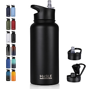 HASLE OUTFITTERS 32 oz Insulated Water Bottle Stainless Steel Double Walled Vacuum Sports Water Bottle with 2 Lids (Straw and Spout Lid) for Gym Camping Hiking(Black,1)