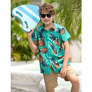 UNICOMIDEA Boys Hawaiian Shirts Kids Tropical Shirt Short Sleeve Luna 3D Graphic Green Pineapple Teens Button Up Clothes Hawaii Beach Holiday T Shirt for 9 10 Years