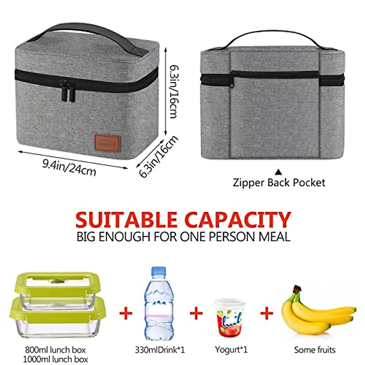 Aosbos Insulated Lunch Box for Men Women, Reusable Lunch Tote Bag Soft Lunch Cooler Bags Adult Thermal Lunch Boxes Lunch Pail Meal Prep Container with Back Pocket for Work Office Outdoor, Gray