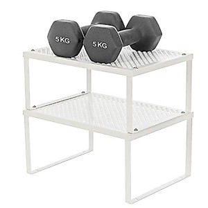 SONGMICS Cabinet Shelf Organizers, Stackable, Expandable, Set of 2 Metal Kitchen Counter Shelves, White UKCS01WT