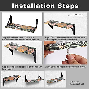 TYHBO Printed Style Floating Shelves for Wall,1 pcs Wall Mounted Room Shelf with Hooks for Floating Book Shelves for Wall, Plant Shelf and Room Decor (Flowers)