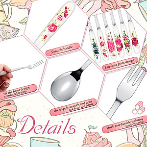 Dandat 72 Pcs Dessert Silverware Set Tea Party Stainless Steel Dinner Flatware Bulk Wedding Dessert Spoons Knives Forks with Ceramic Handle for Spring Coffee Salad Cake Tea Party Gifts, Service for 24