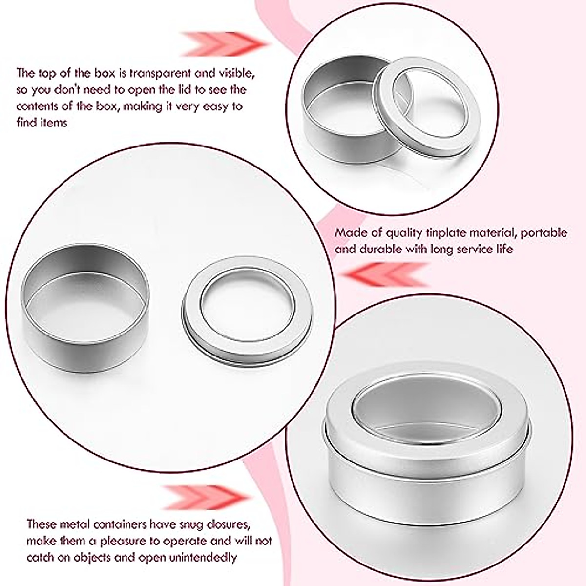 2 Ounce Metal Tin Cans Round Empty Container Salve Tins with Clear Screw Lid for Kitchen, Office, Candles, Candies ()