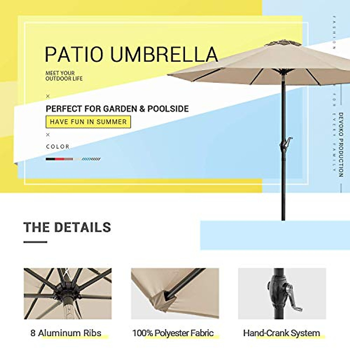 Devoko 9 FT Patio Umbrella Outdoor Table Market Umbrella with Easy Push Button Tilt for Garden, Deck, Backyard and Pool (Beige)
