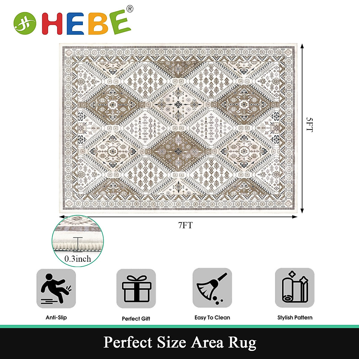 HEBE Washable Area Rug 5x7 Living Room Rug Large Rugs for Bedroom Soft Throw Rugs Non Slip Dining Room Mat Traditional Tiled Area Rugs Indoor Floor Carpet for Nursery Kids Room Entryway