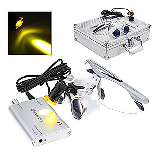 2.5X Binocular Loupes 420mm Optical Glasses +3W LED Headlight Lamp with Filter + Aluminum Box Silver