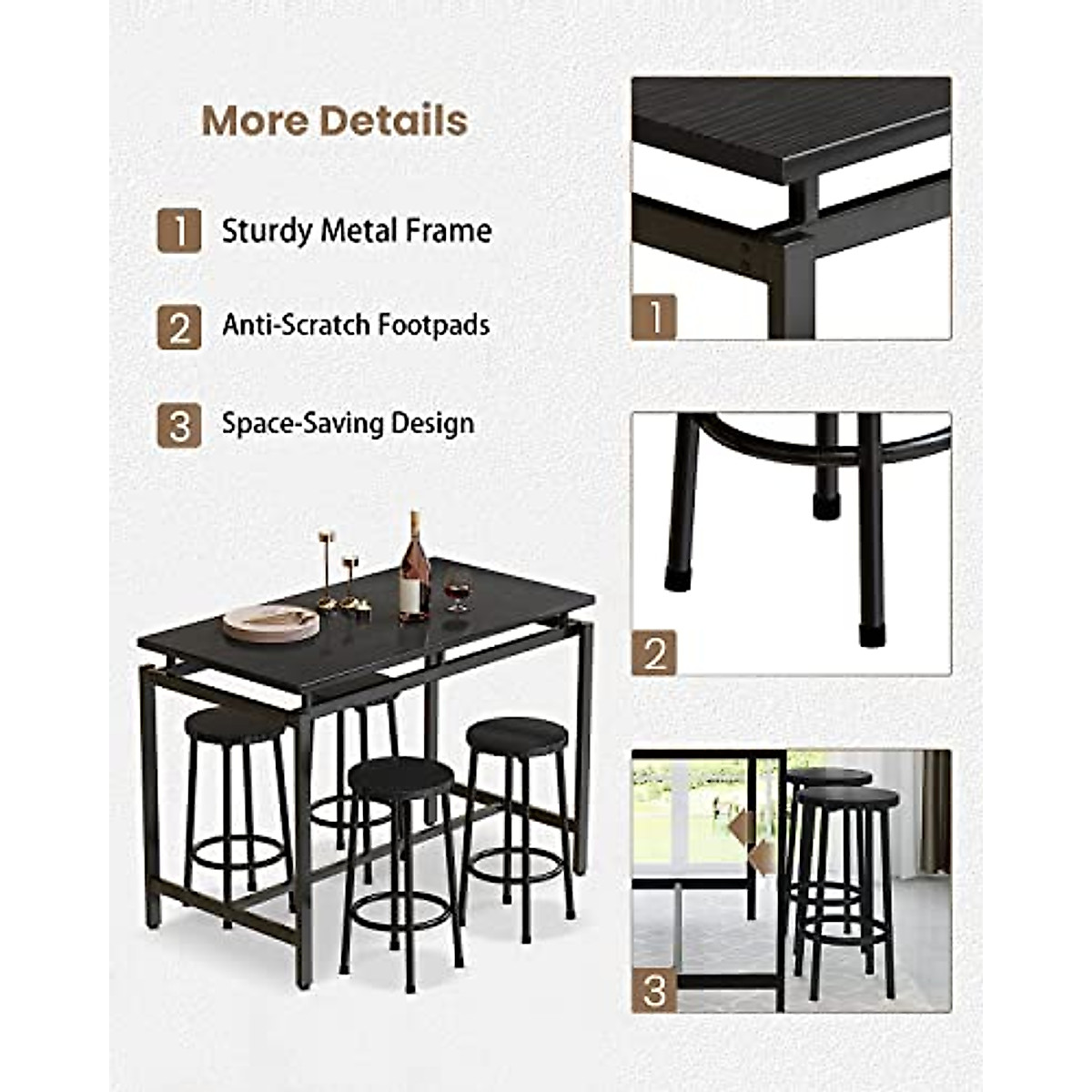 Lamerge Counter Height Dining Table and Chairs Set for 4,5 Piece Bar Table Set,Wood Kitchen Table and 4 Bar Stools for Small Spaces,Apartment, Pub,Dining Room,Black (LCHD-B)