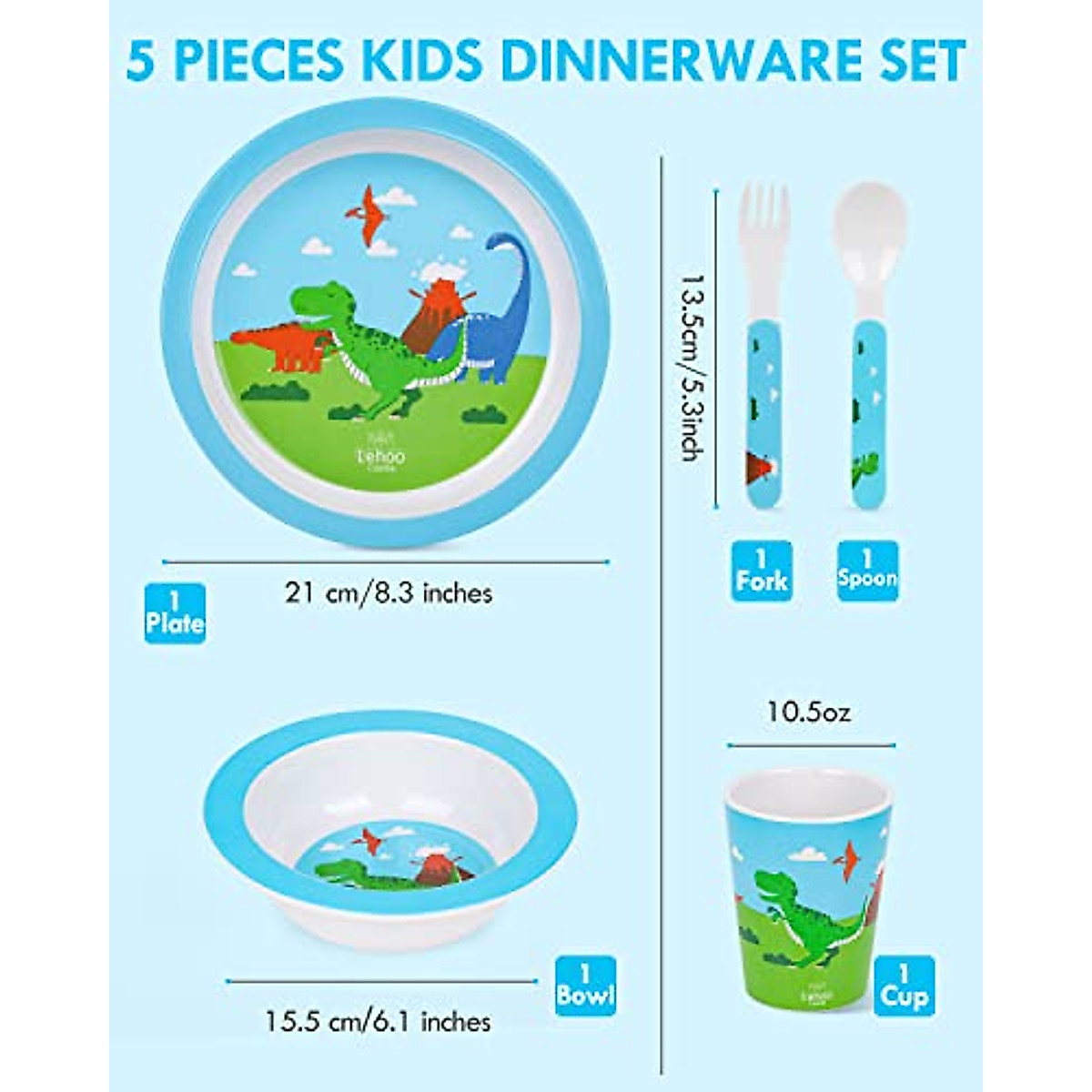 Lehoo Castle Kids Plates and Bowls Sets, 5 Piece Baby Feeding Set - Includes Plate, Bowl, Cup, Fork and Spoon Utensil Flatware, Kids Dinnerware Set for Kids, Toddlers (Dinosaur)