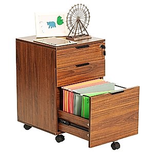 JJS 3-drawer Rolling Wood File Cabinet with Lock Brown